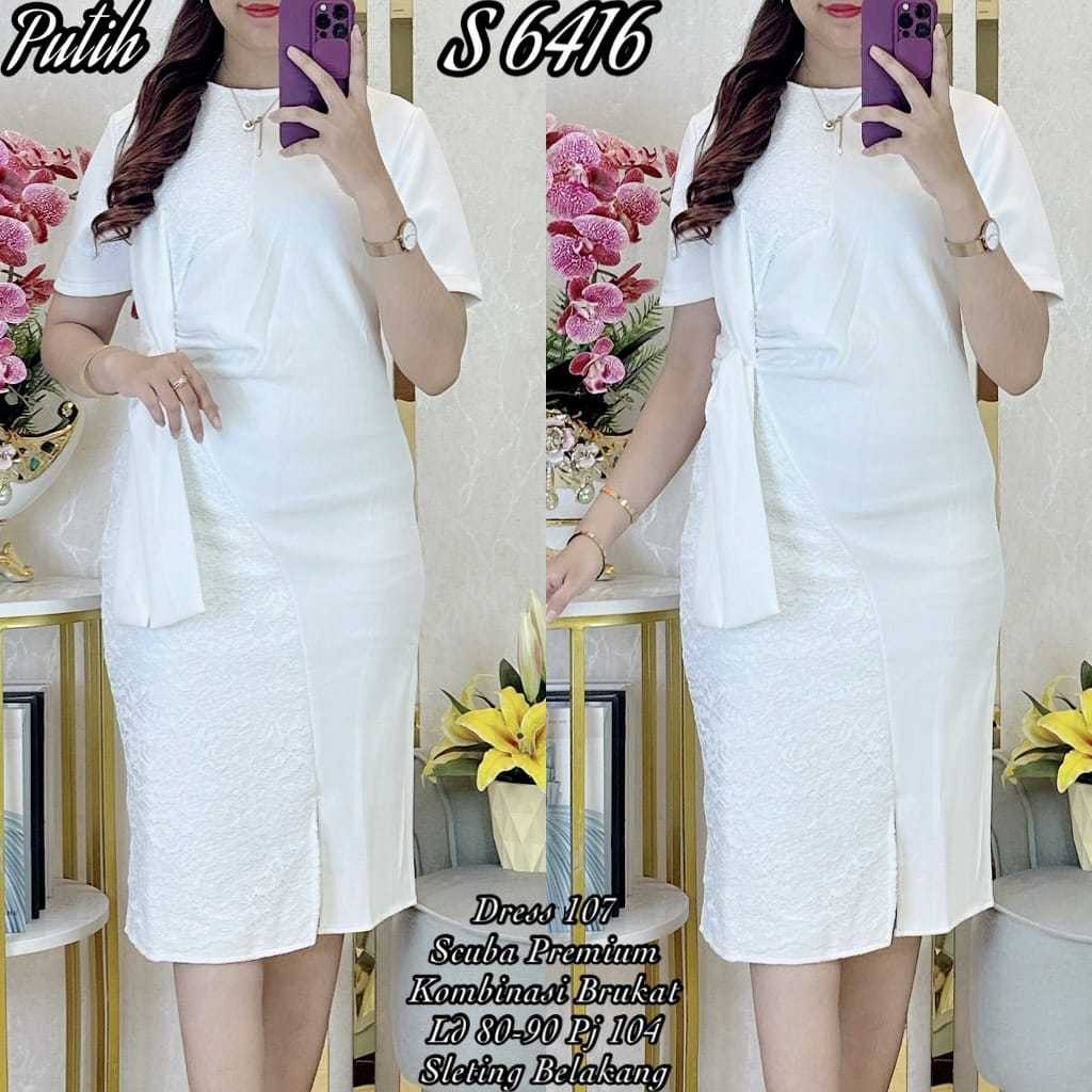Jual 6416 Dress Scuba Kombinasi Brukat Warna Putih Mewah Dipakai Pesta | Shopee Indonesia