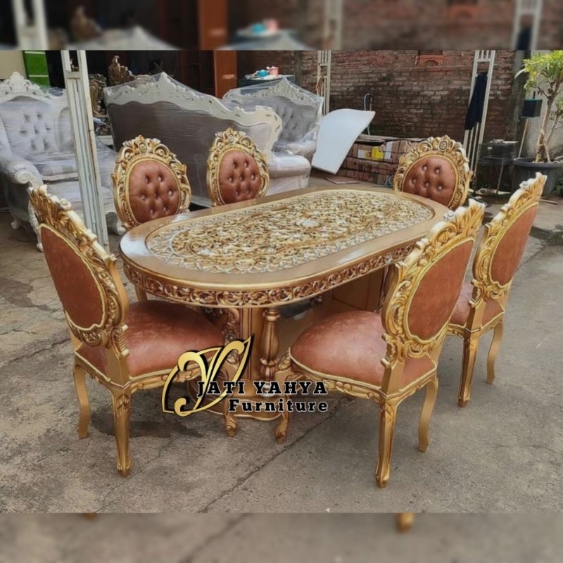 Jual Meja makan jati Rosalinda 6 kursi + meja gendong ukir ganesha ...