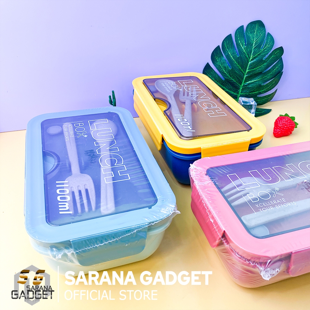 Jual TEMPAT MAKAN BENTO LUNCH BOX SET - KOTAK BEKAL SEKOLAH KANTOR TUTUP TRANSPARANT 1100 ML ...