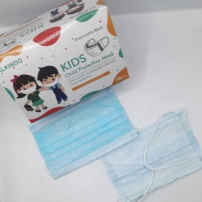 Jual Masker 3 Ply Anak Biru + Hijab 1 Box Isi 50 Pcs Earloop Disposable ...