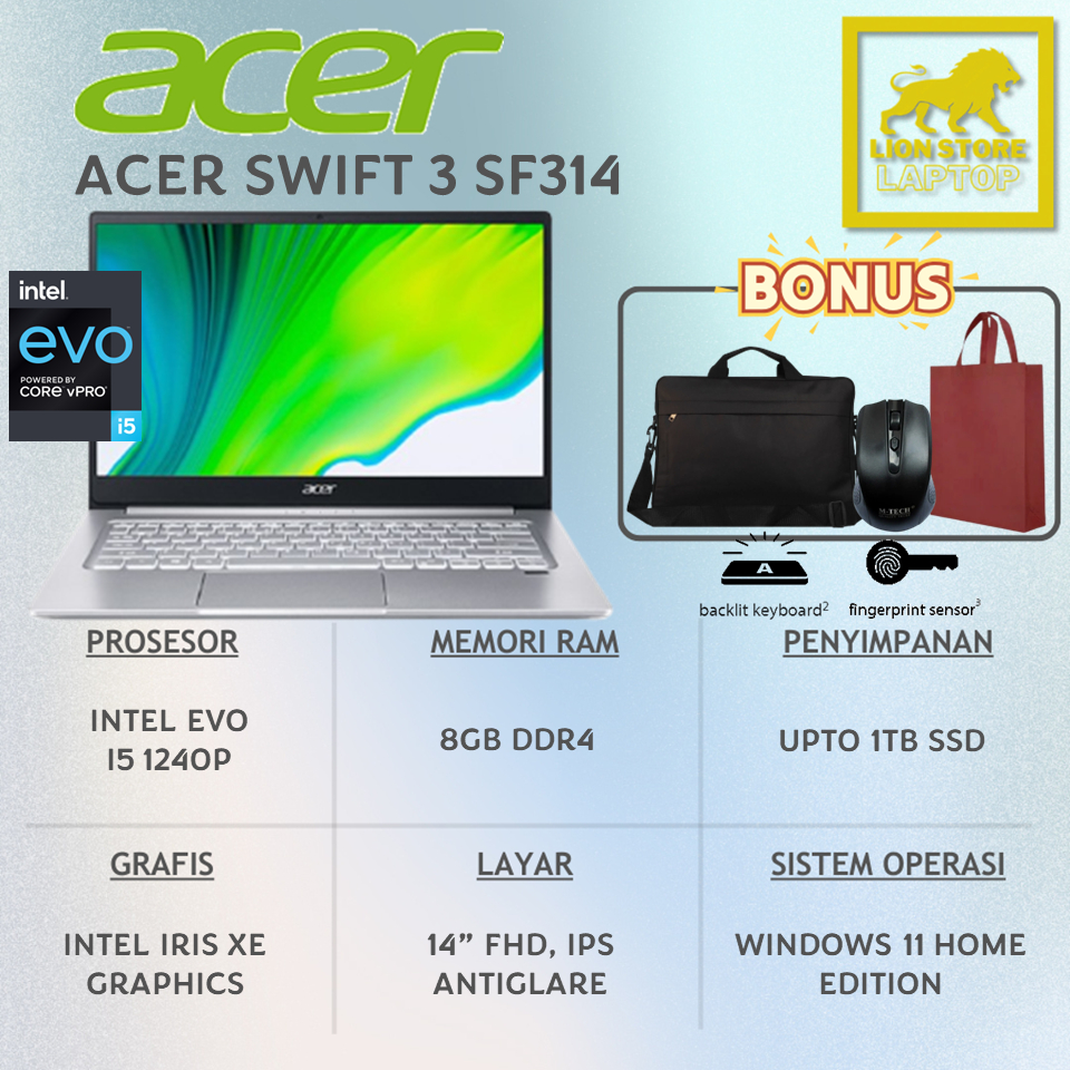 Jual Acer Swift 3 SF314 i5 1240P RAM 8GB 1TB SSD Layar 14 Inch Full HD ...
