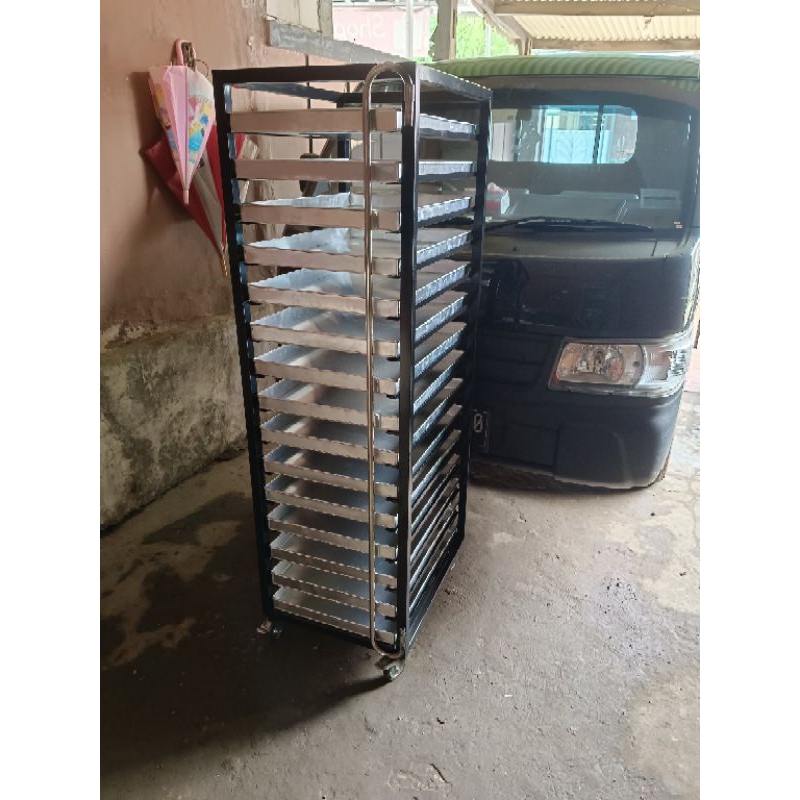 Jual 1 set troly rak loyang roti 15susun 60x40+cover profing anti debu ...