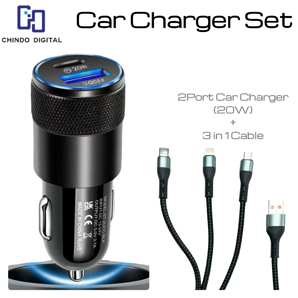 Jual Fullset Car Charger 2 Ports QC3.0 with 3in1 Cable Fast Charging ...