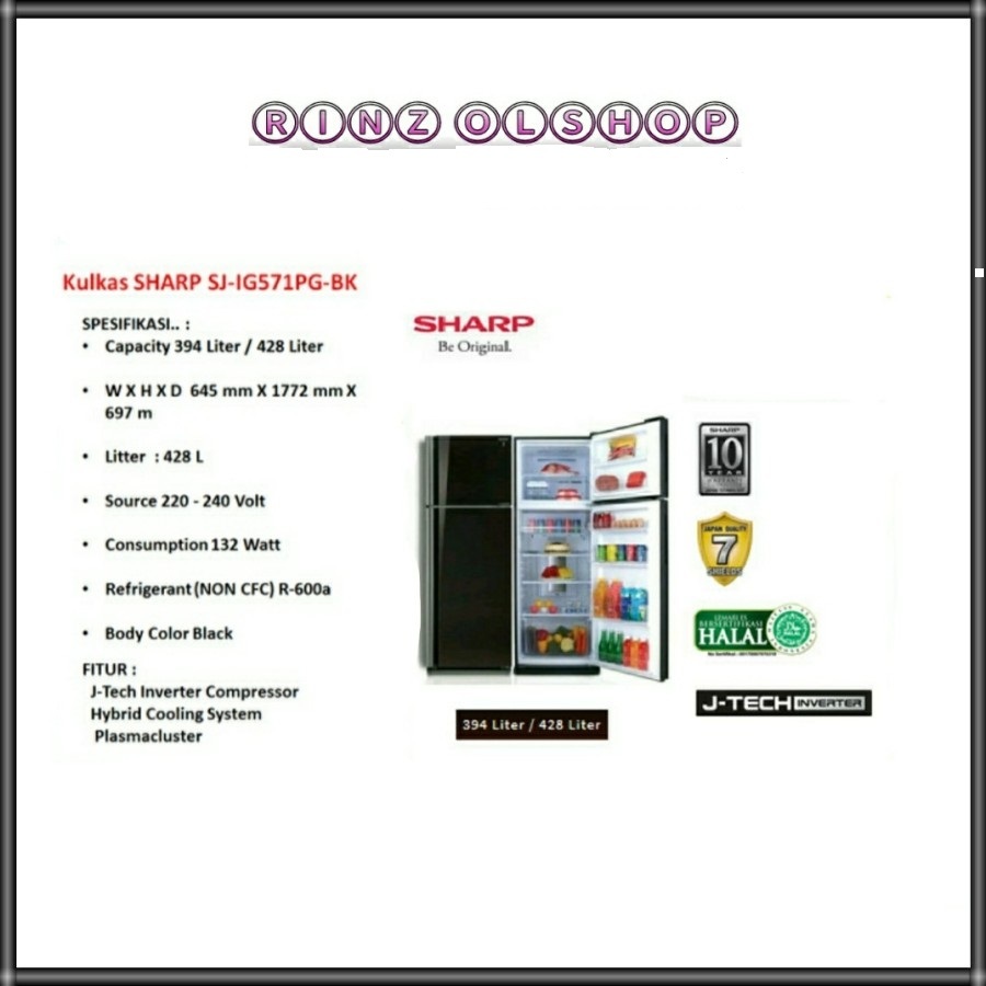 Jual SHARP SJ-IG571PG-BK Kulkas 2 Pintu Grand Vetro Series 428 L ...