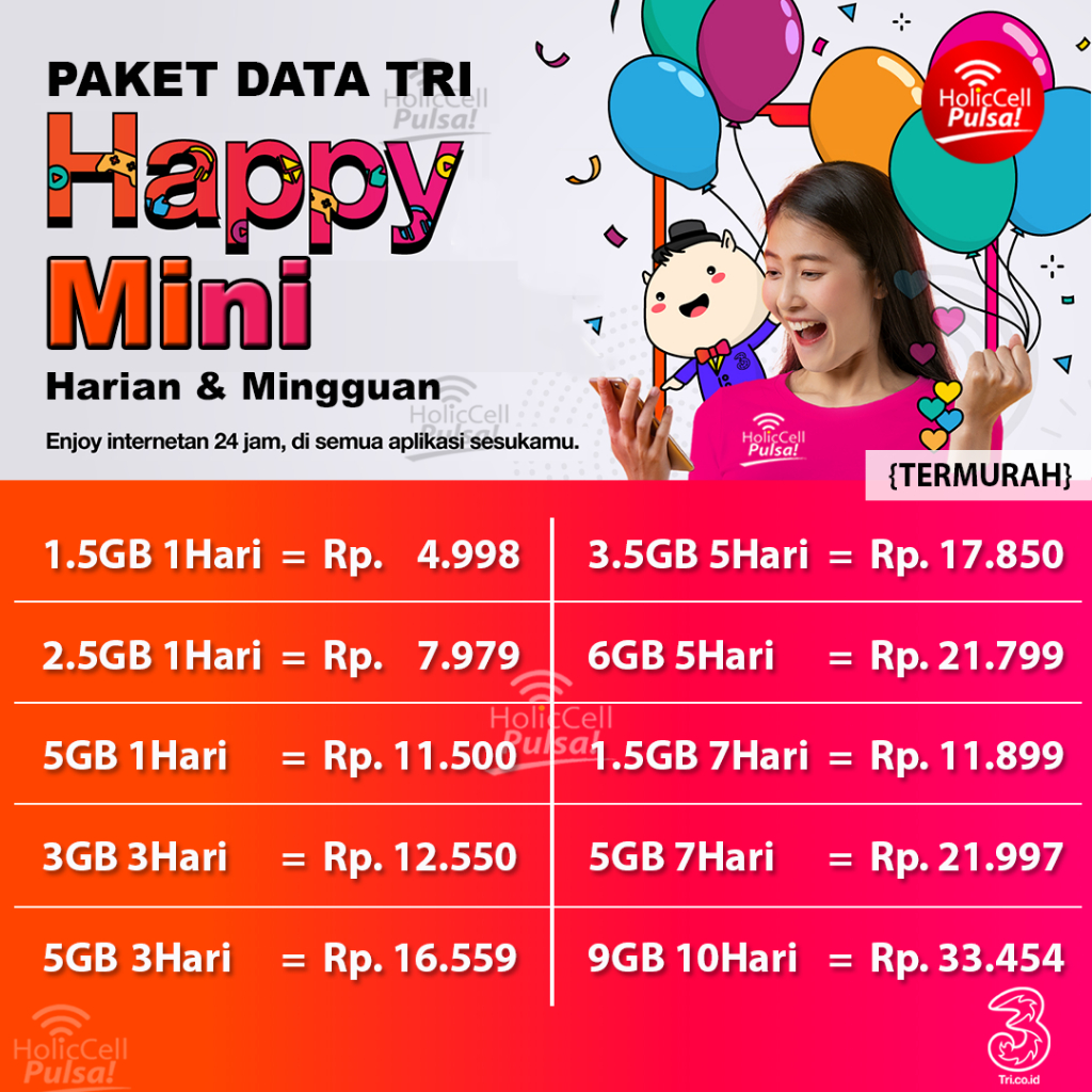Jual PAKET DATA TRI THREE HAPPY MINI HARIAN MINGGUAN I WAJIB BACA DESKRIPSI PRODUK | Shopee ...