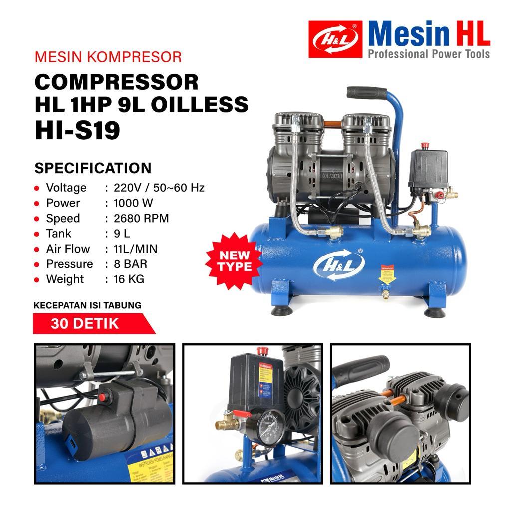 Jual H&L Compressor Oilless 1 HP 9 Liter - Kompresor Listrik Silent HL ...