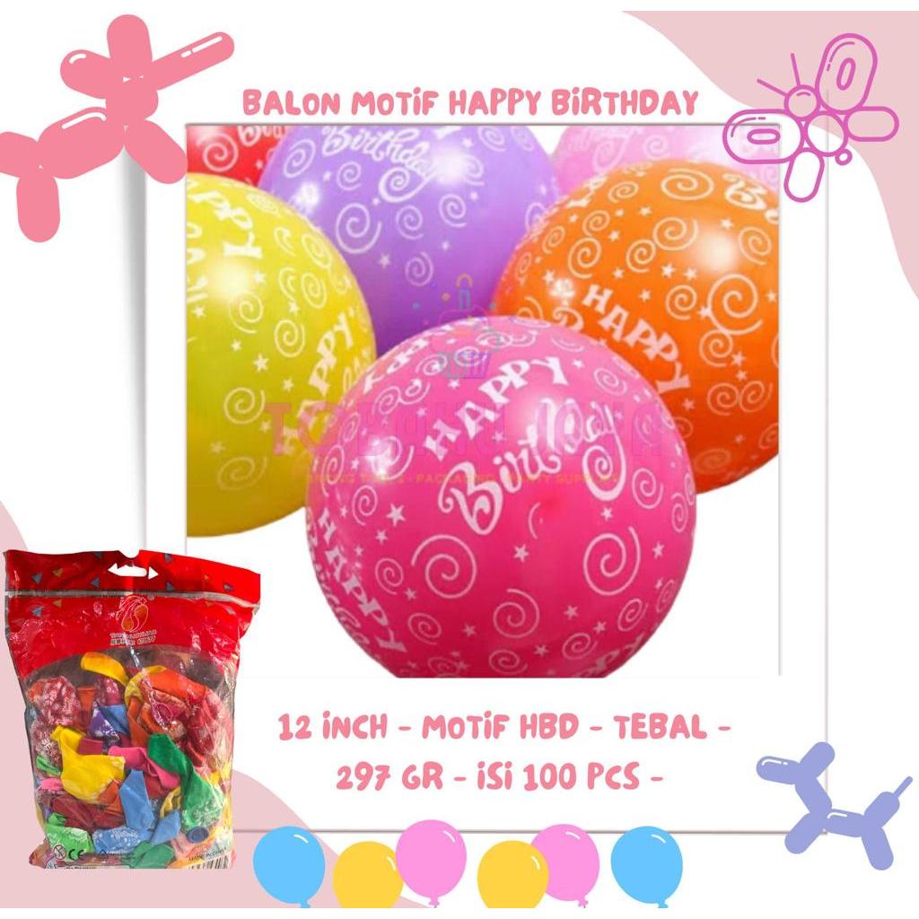 Jual Balon Motif Tulisan Happy Birthday TEBAL 12" Isi 100 Balon Warna ...