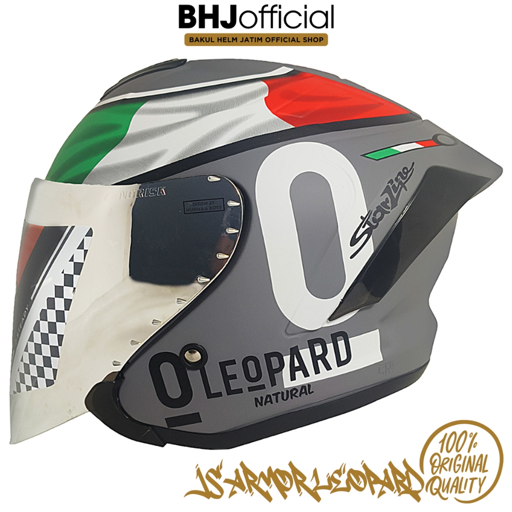 Jual Helm JS ARMOR MOTIF LEOPARD GREY Visor Silver Half Face Pria ...