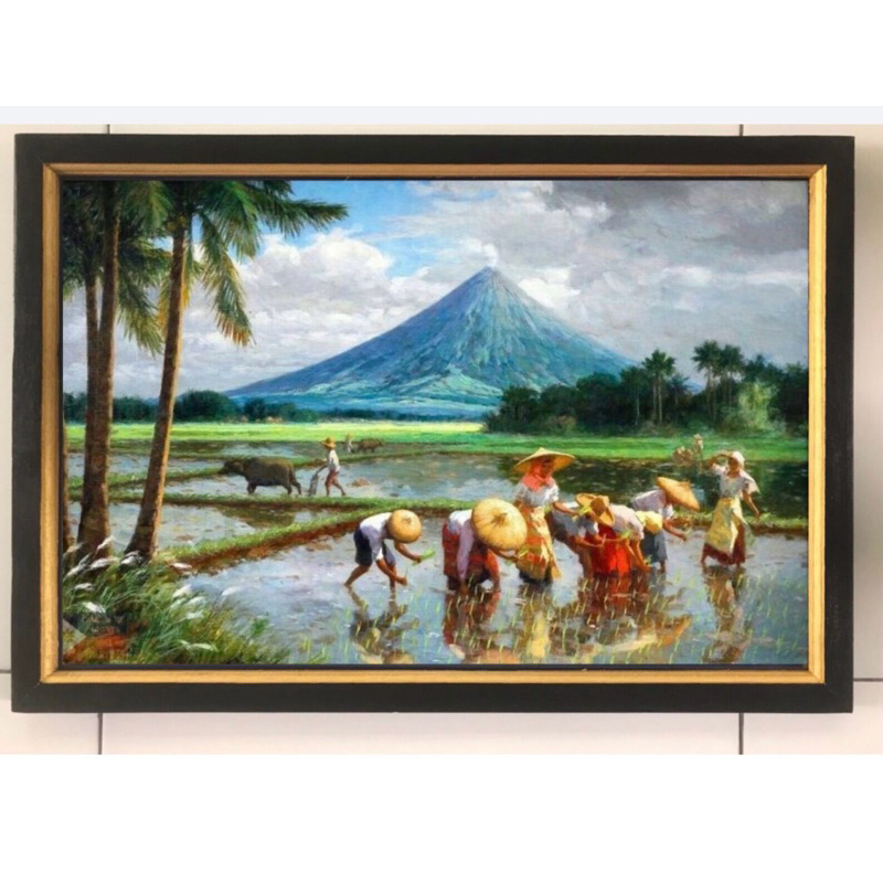 Jual Hiasan Dinding lukisan pemandangan pesawahan orang orang di sawah ...