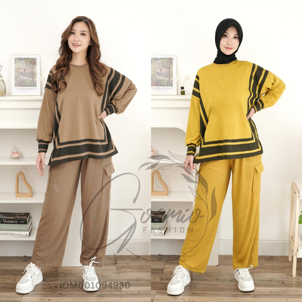 Jual ilook | LD 120 One Set Arsy Setelan Katun Knit Combi Atasan Garis Dan Celana Panjang Wanita ...