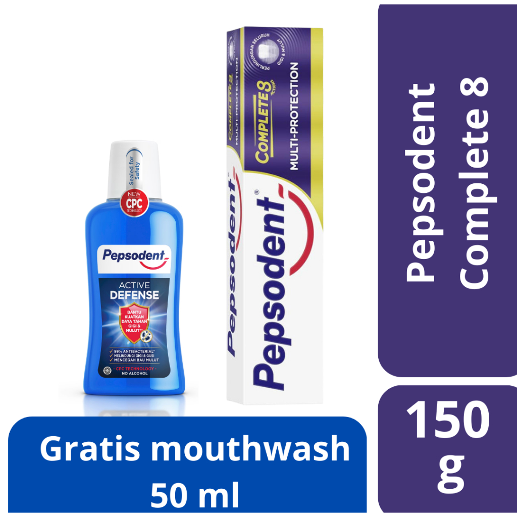 Jual PEPSODENT COMPLETE 8 150g MULTI PROTECTION GRATIS MOUTHWASH 50ml ...