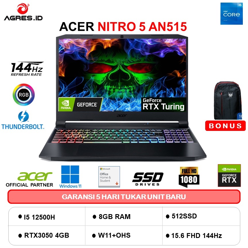 Jual Acer Nitro 5 AN515 RTX3050 4GB i5 12500H 8GB 512SSD W11 OHS 15.6 ...