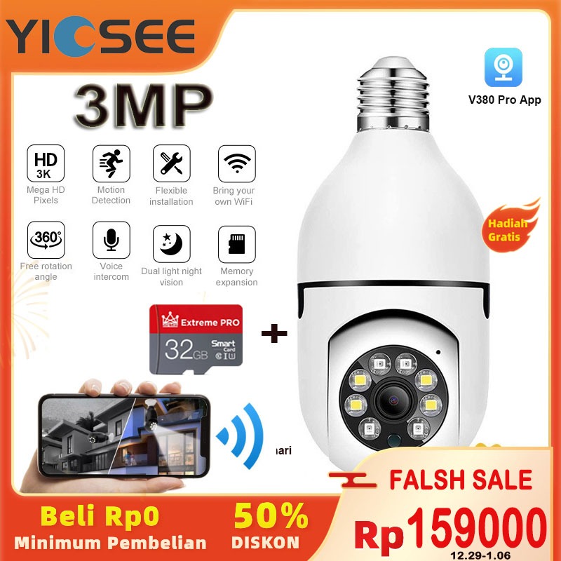 Jual cctv lampu bohlam 3MP kamera V380 Pro ip camera indoor 360 derajat jarak jauh lewat bisa ...