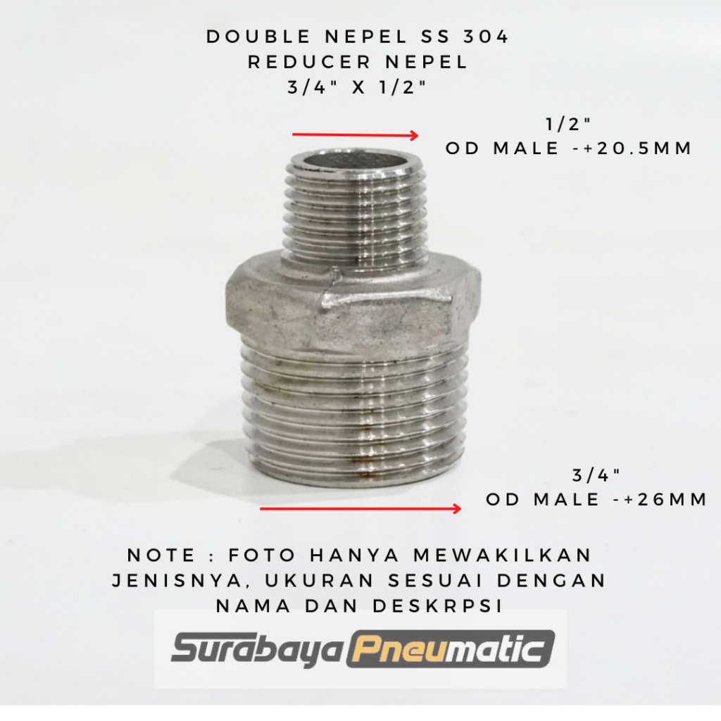 Jual Double Nepel SS 304 - 3/4" x 1/2" - Drat Male - REDUCER PNEUMATIC ...