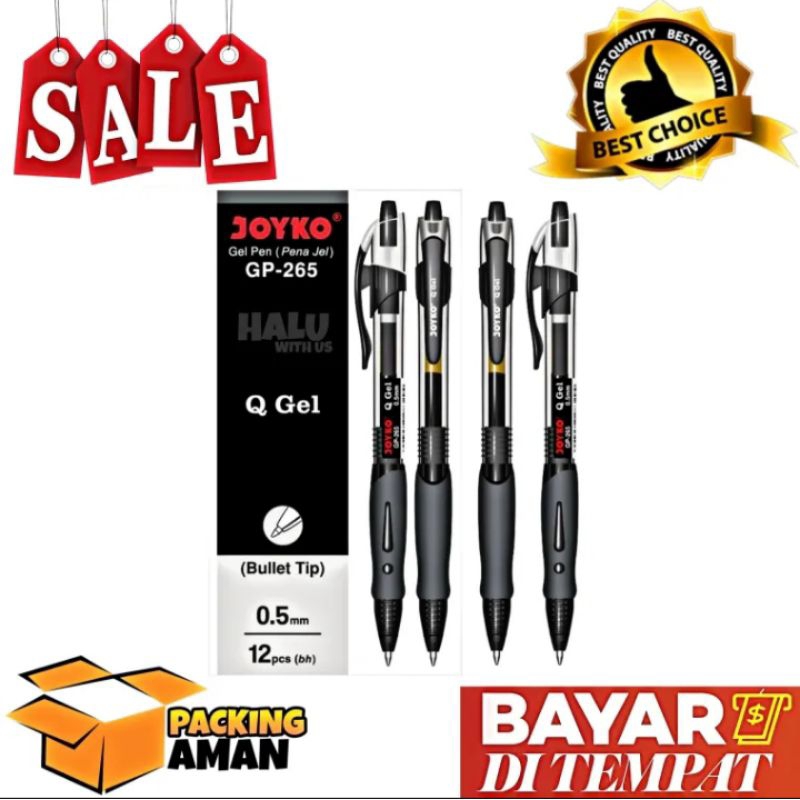Jual (BISA COD) PROMO 12 Pcs Gel Pen Pulpen Hitam Pena Joyko GP-265 Q Gel 0.5 mm / Alat Tulis ...