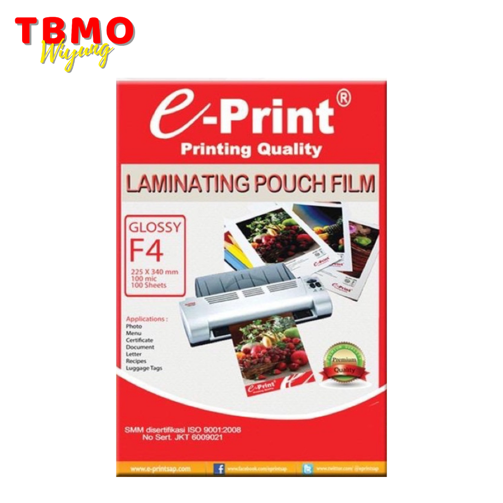 Jual TBMO Plastik Laminating E-PRINT / Laminating Pouch Film F4 100mic ...
