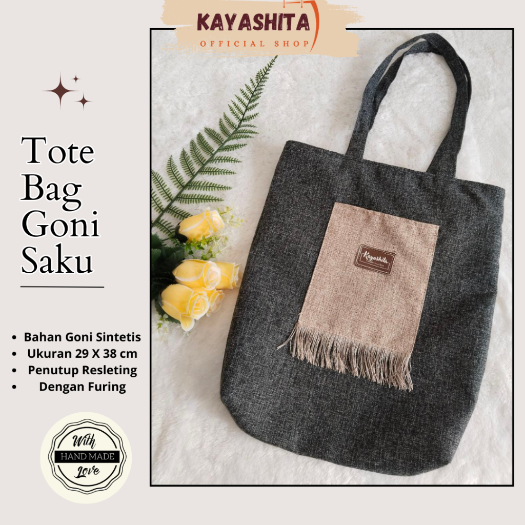 Jual Tas Wanita Tote Bag Goni Saku Totebag Untuk Kuliah Kerja Sekolah Pengajian Dengan Resleting ...