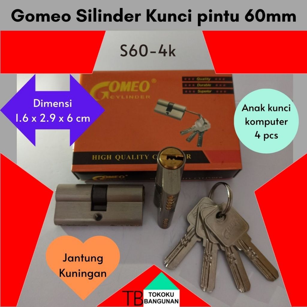 Jual Gomeo Silinder Kunci pintu 60mm kuningan L60 S60 4 anak kunci ...