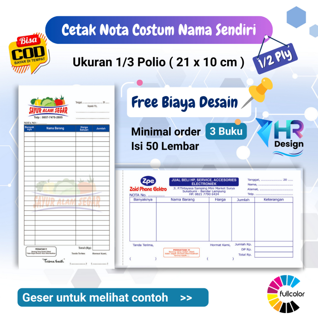 Jual Cetak Nota Costum Ukuran 1 per 3 Nota nama toko sendiri, nota ...