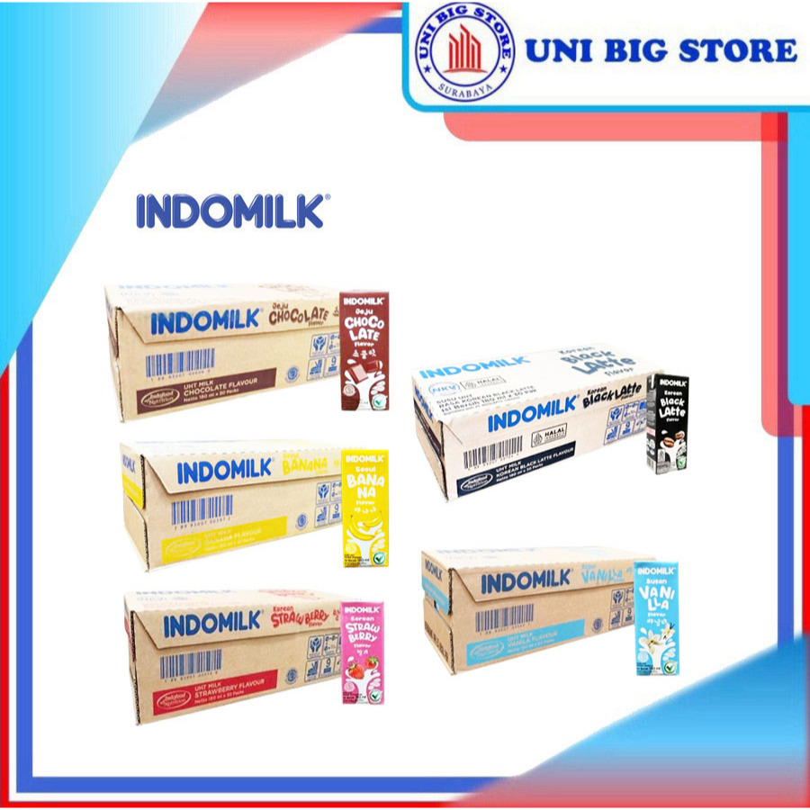 Jual Indomilk Susu UHT Stroberi Cokelat Vanilla Banana Latte 180 ml x 30 pcs DUS | Shopee Indonesia