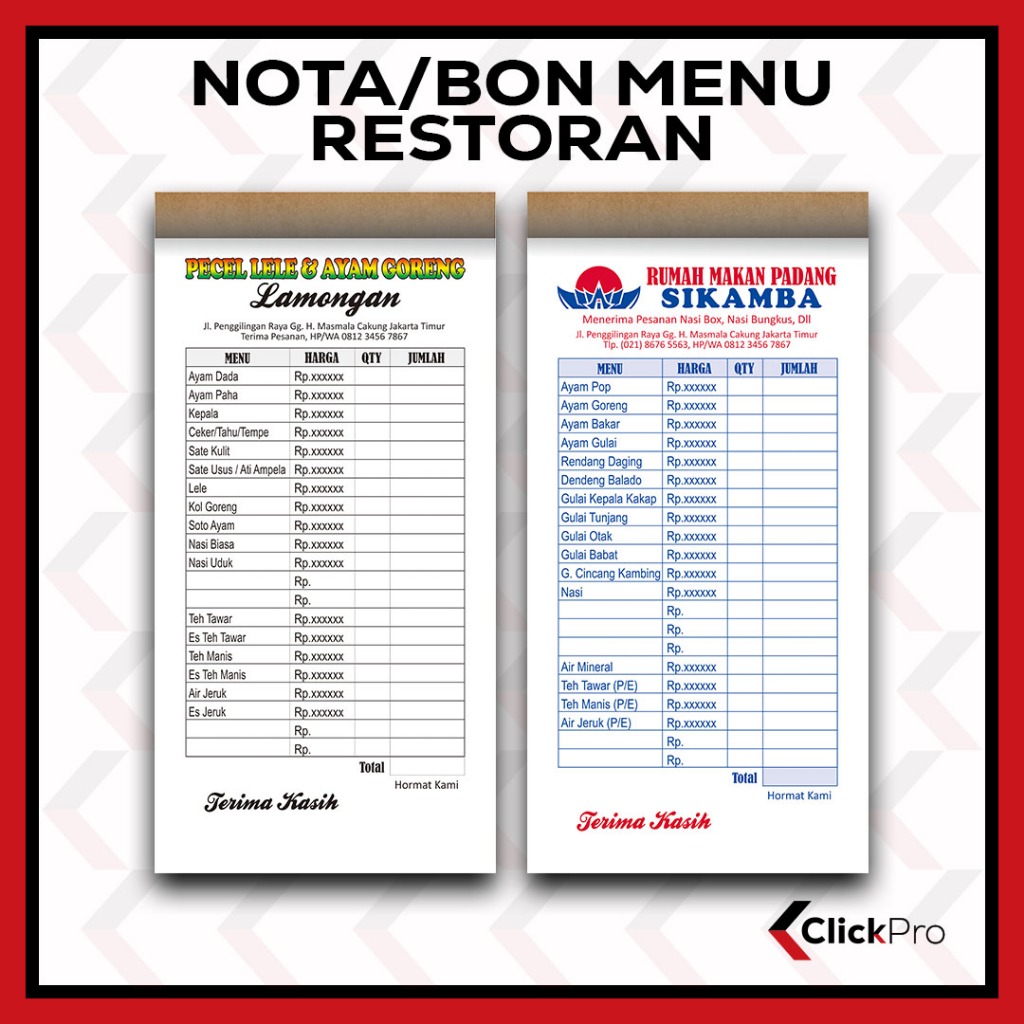 Jual NOTA / BON MENU RESTORAN COSTUM UK.F4/3 (21,5x11cm) | Shopee Indonesia