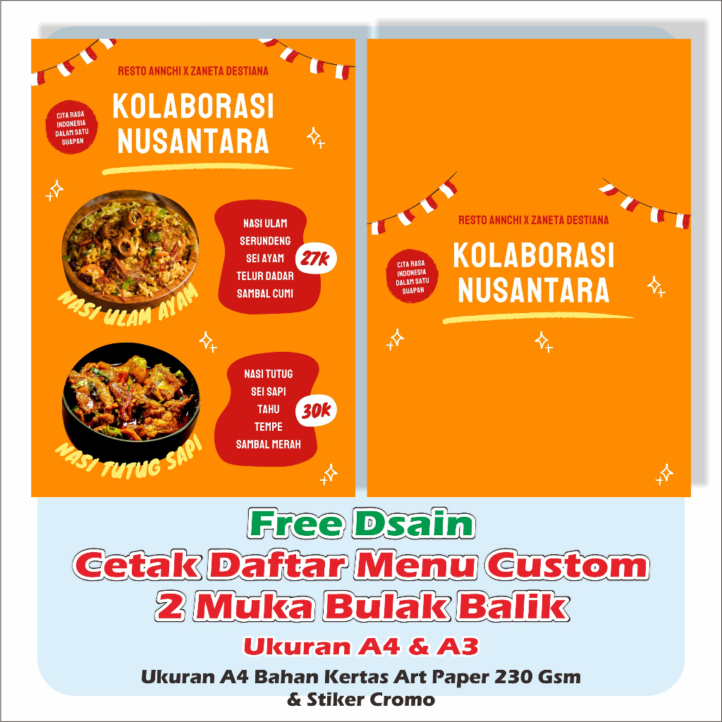 Jual cetak daftar menu 2 Muka Bulak Balik Ukuran A4 A3 daftar menu ...