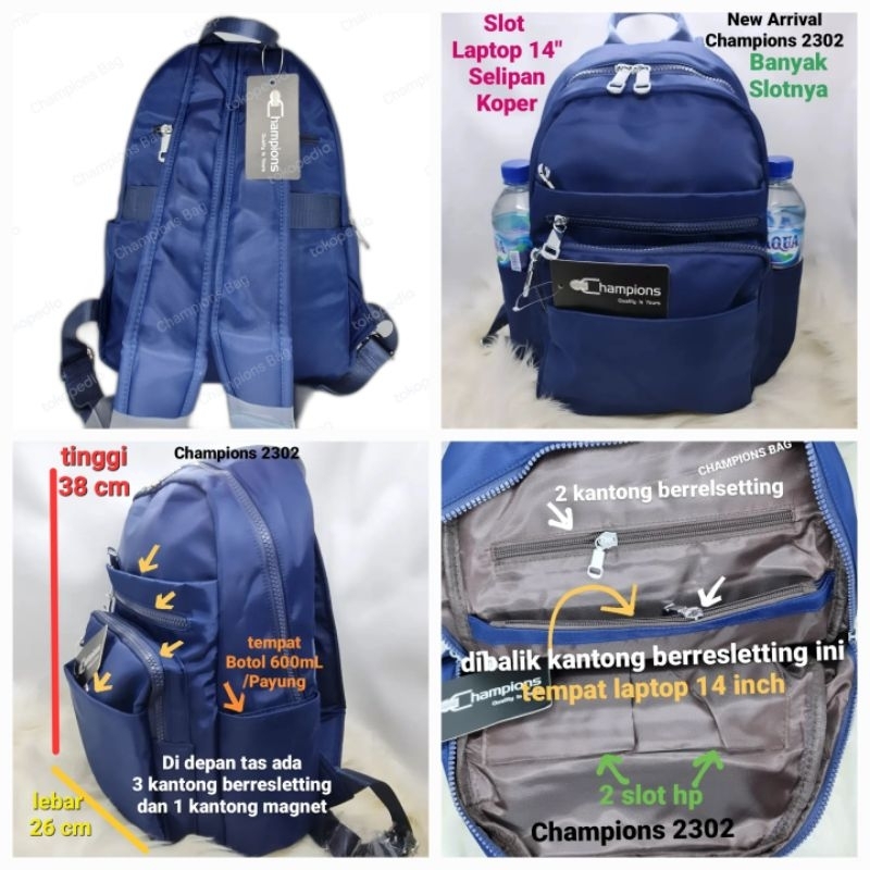 Jual CHAMPIONS 2302 Backpack Wanita Import LAPTOP 14 inch Nylon Anti ...