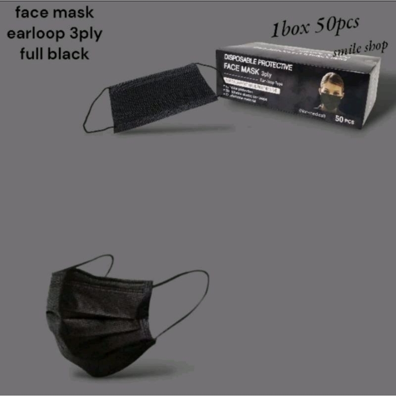 Jual MASKER FACE MASK FULL BLACK EARLOOP 3PLY 1 BOX 50PCS | Shopee ...