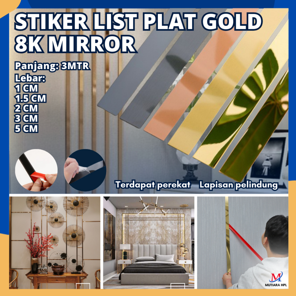 Jual ACELUX Stiker List Plat Strip Gold Mirror 3M / List Stainless ...
