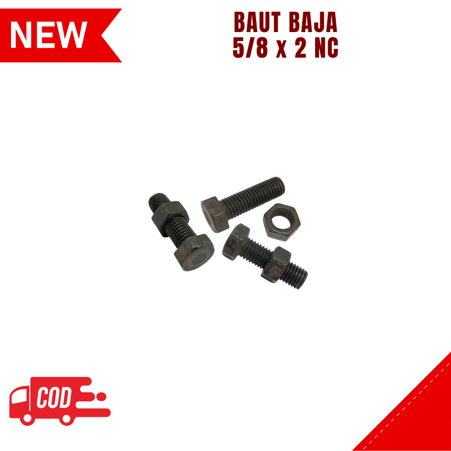 Jual Baut Mur Baja Ukuran 5/8 x 2 NC Universal drat Kasar warna hitam ...