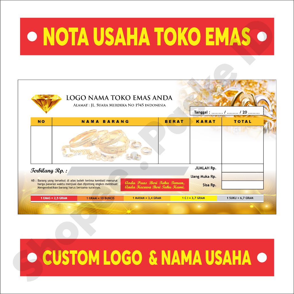 Jual CETAK BUKU BON NOTA KWITANSI USAHA TOKO EMAS BISA CUSTOM LOGO DAN ...