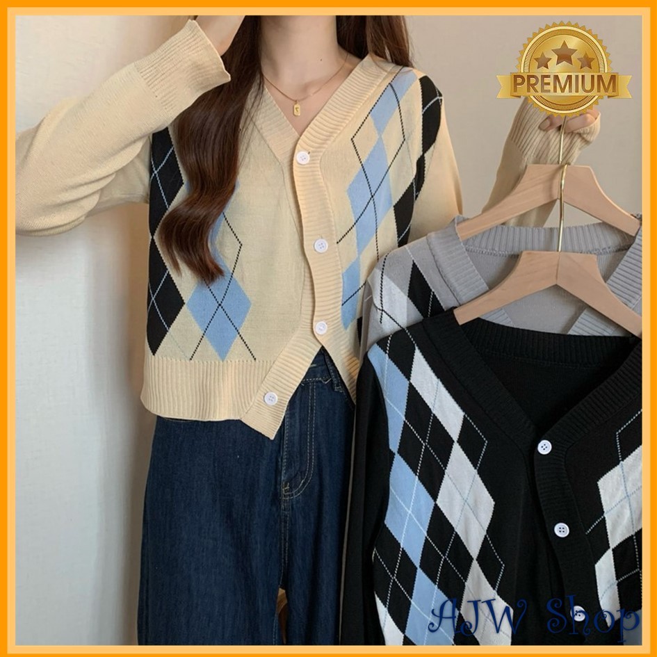 Jual AJW Cardigan Crop Knit Ketupat Lengan Panjangn Kekinian XBZ | Cardigan Rajut Korea Ketupat ...