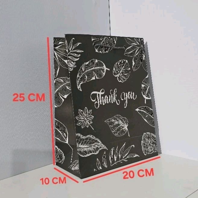 Jual Paperbag Motif R6 Hitam Daun Putih Thank You size 20 x10 x 25 ( P ...
