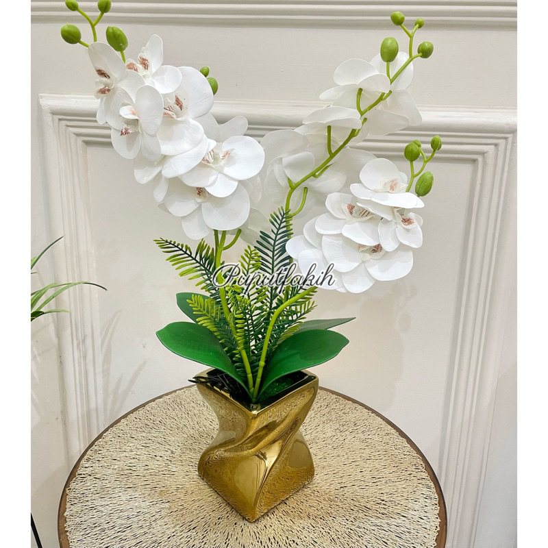 Jual Vas keramik gold dengan bunga anggrek 4cbg 2 sisi sudah di rangkai ...