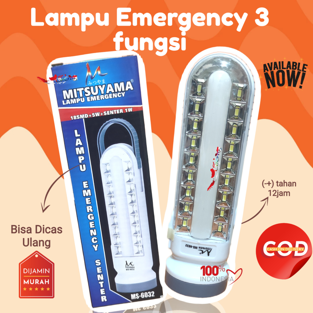 Jual Lampu Emergency 18 LED Mitsuyama Cas Ulang + Senter 5Watt Mitsuyama Emergency Serbaguna 2 ...