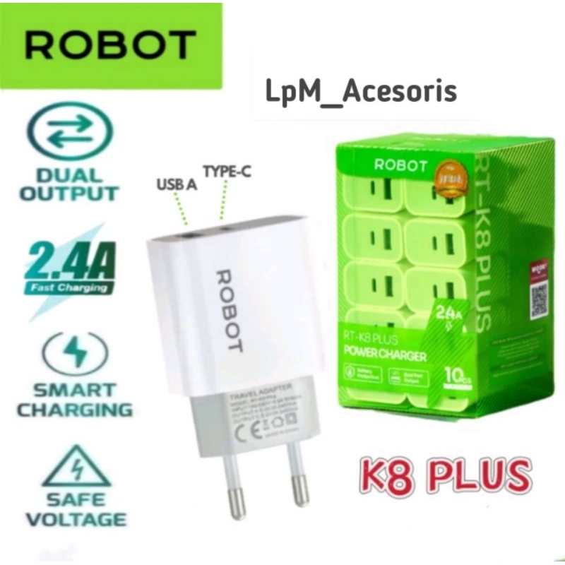 Jual ROBOT RT-K8 PLUS /Batok Charger ROBOT Dual Output USB-A + USB-C | Shopee Indonesia