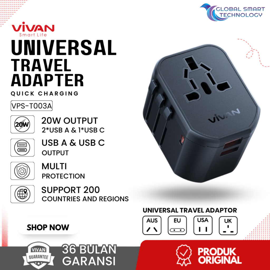 Jual VIVAN VPS-T003A Power Adapter Universal 20W Black USB Type-C Multi ...