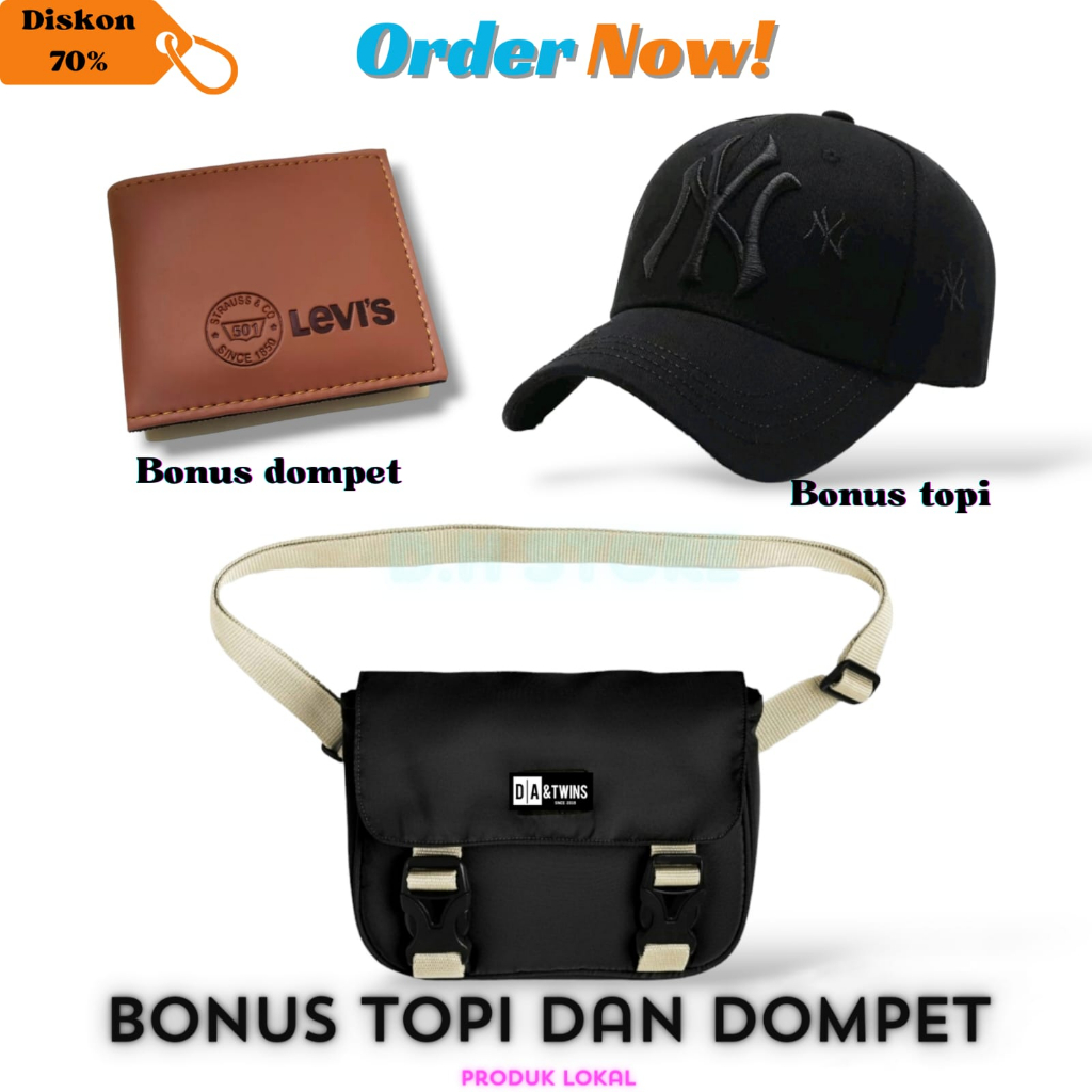 Jual PAKET BUNDLING 3 IN 1 Tas salempang pria warna hitam tali cream ...