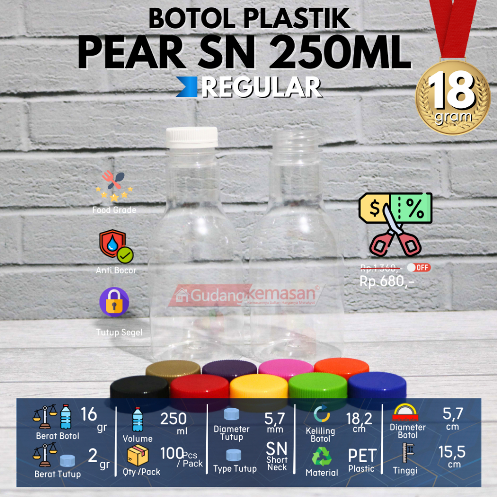 Jual BOTOL PLASTIK PIR PEAR 250ML 14 GRAM TUTUP SN SEGEL WARNA-WARNI ...