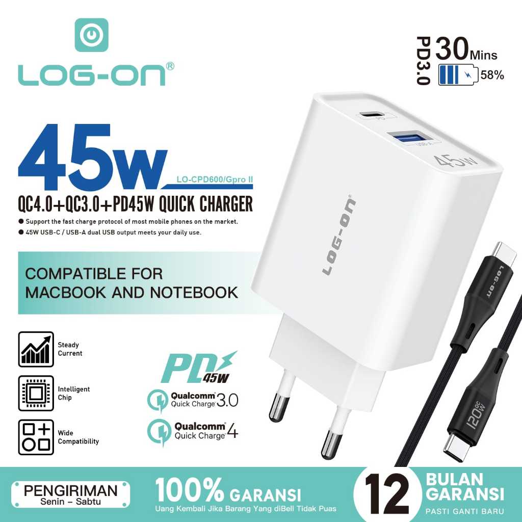 Jual LOG ON CHARGER PD 45W + QC4.0 + QC3.0 LO-CPD600 DUAL PORT QUICK CHARGER | Shopee Indonesia