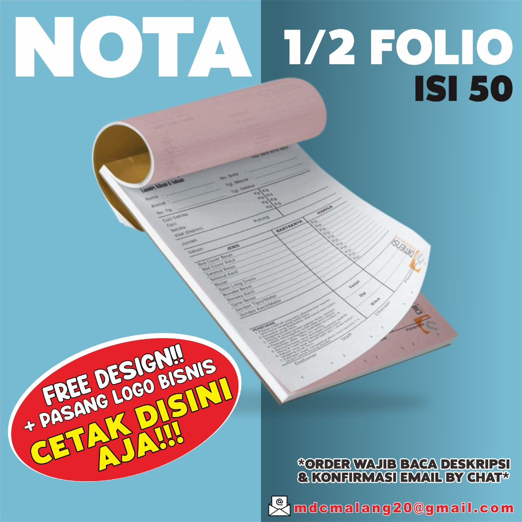 Jual NOTA 1 WARNA 1/2 FOLIO ISI 50 LEMBAR - CUSTOM DESAIN LOGO CUSTOMER ...