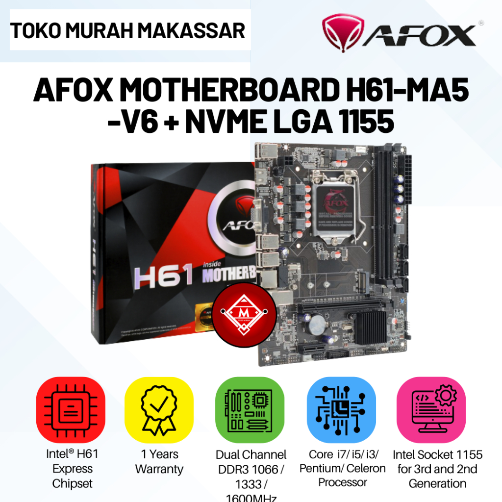 Jual Motherboard Afox H61 Support NVME IH61-MA5-V6 (Intel LGA 1155 ...