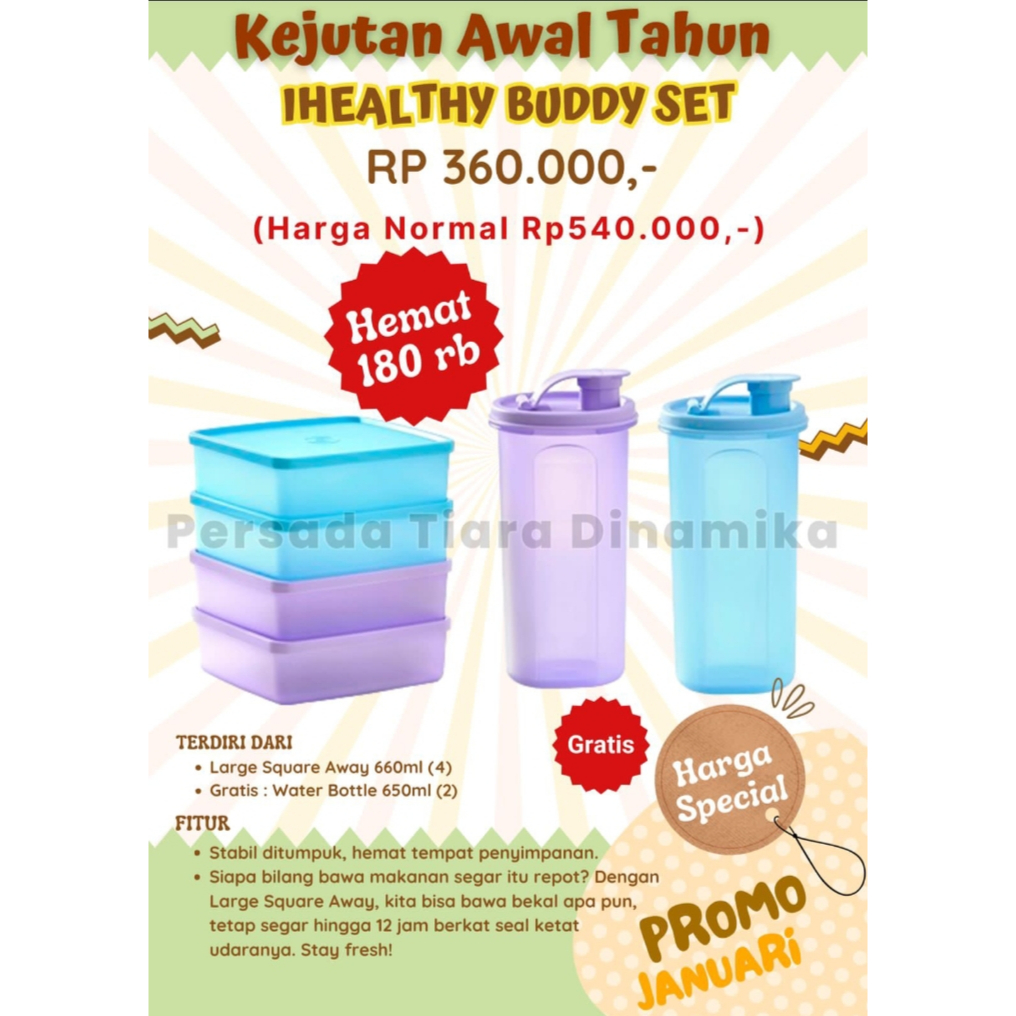 Jual TUPPERWARE HEALTHY BUDDY SET - LARGE SQUARE (4) GRATIS BOTOL AIR ...
