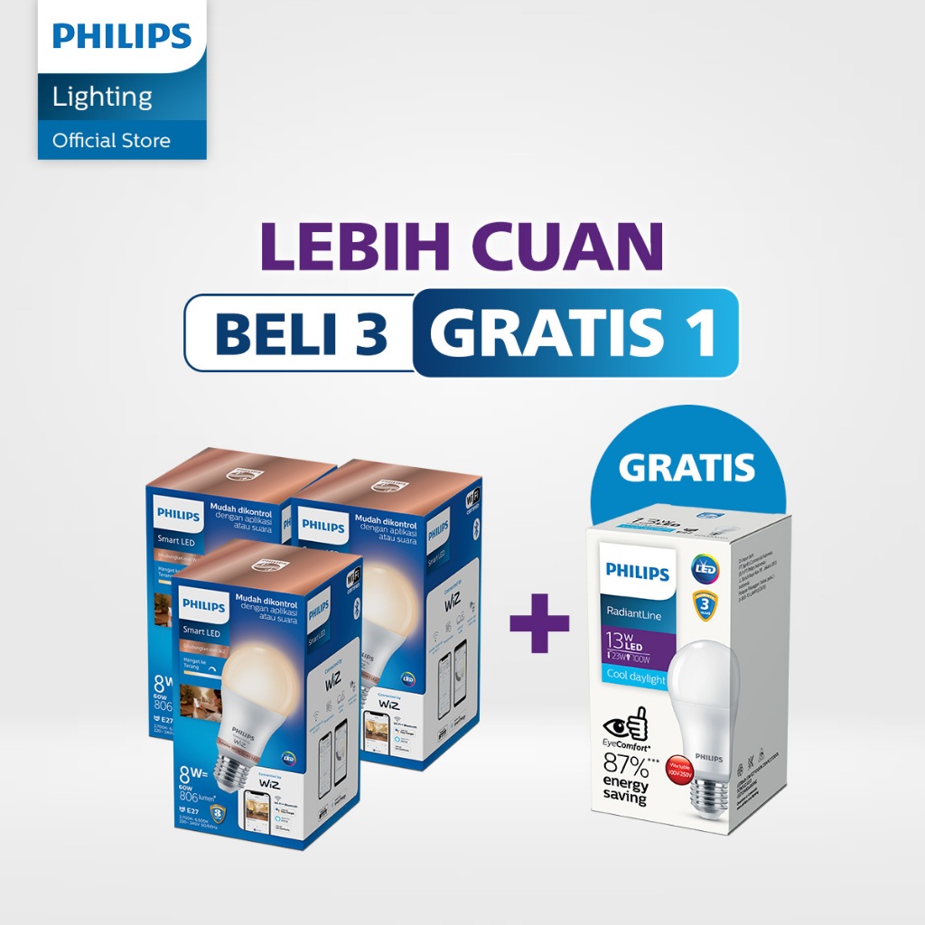 Jual Philips Beli 3 Lampu Smart WiFi LED 8W With Bluetooth - Tunable White Gratis RadiantLine ...