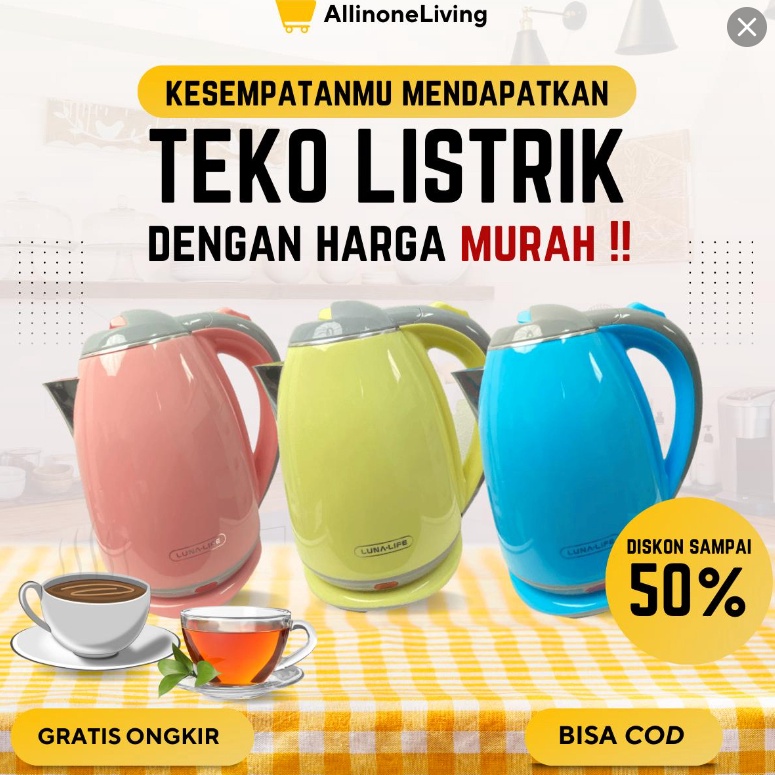 Jual cG Teko listrik 2 Liter Pemanas Air Kettle Electrik Otomatis 3 Warna Anti Karat 5 Watt ...