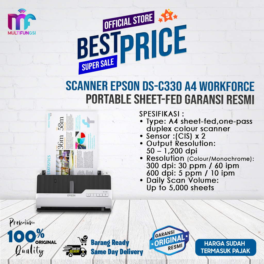 Jual Scanner Epson DS-C330 A4 WorkForce Portable Sheet-fed Garansi ...