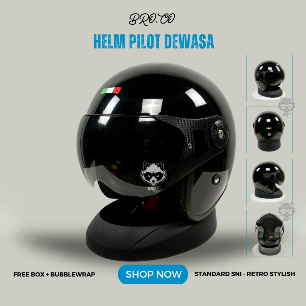Jual HELM PILOT RETRO ITALY DEWASA HALF FACE HITAM BLACK GLOSSY ...