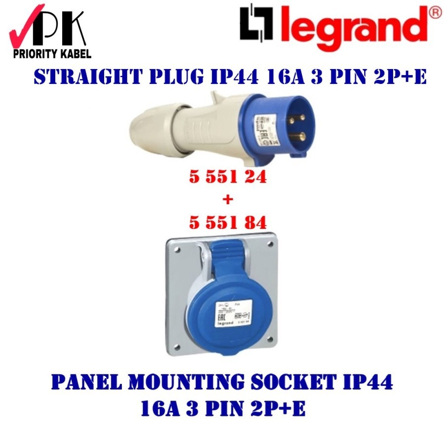 Jual Legrand Set Straight Plug + Panel Mounting Sockets IP44 16A 3 PIN 2P+E | Shopee Indonesia