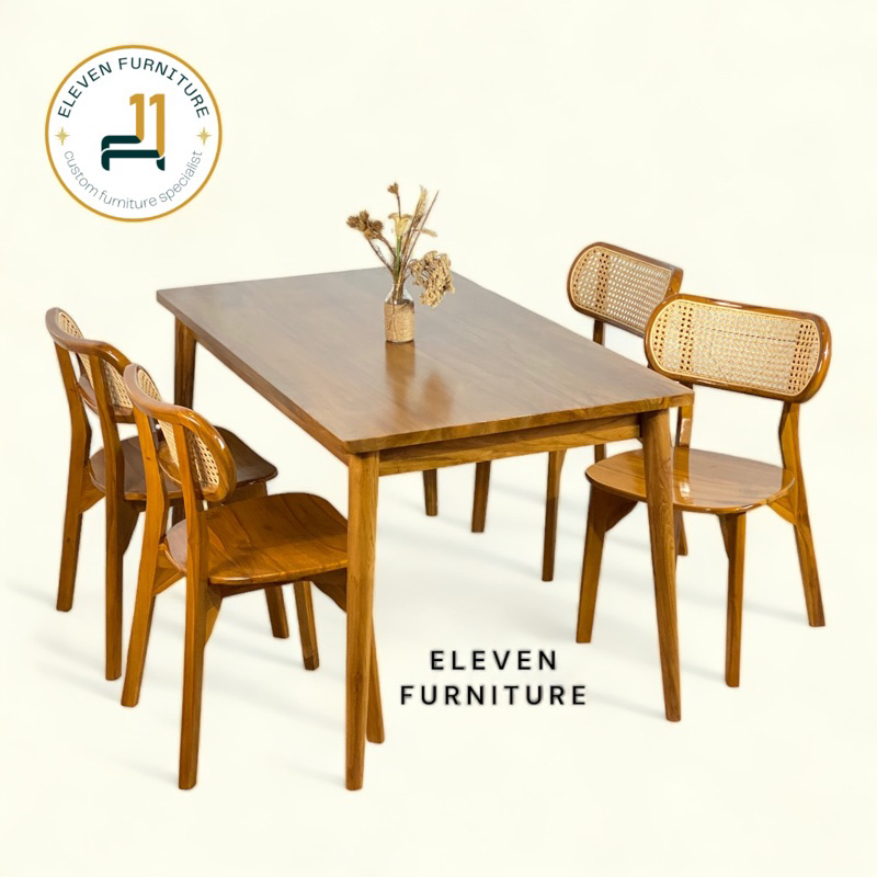 Jual SET MEJA MAKAN 4 KURSI KACANG ROTAN kayu jati cafe resto minimalis retro korean japandi ...