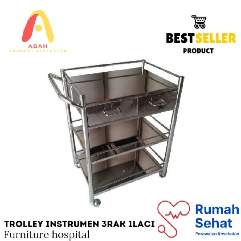 Jual Trolley instrumen 3 susun 2 laci stainless | troli instrumen 3 ...